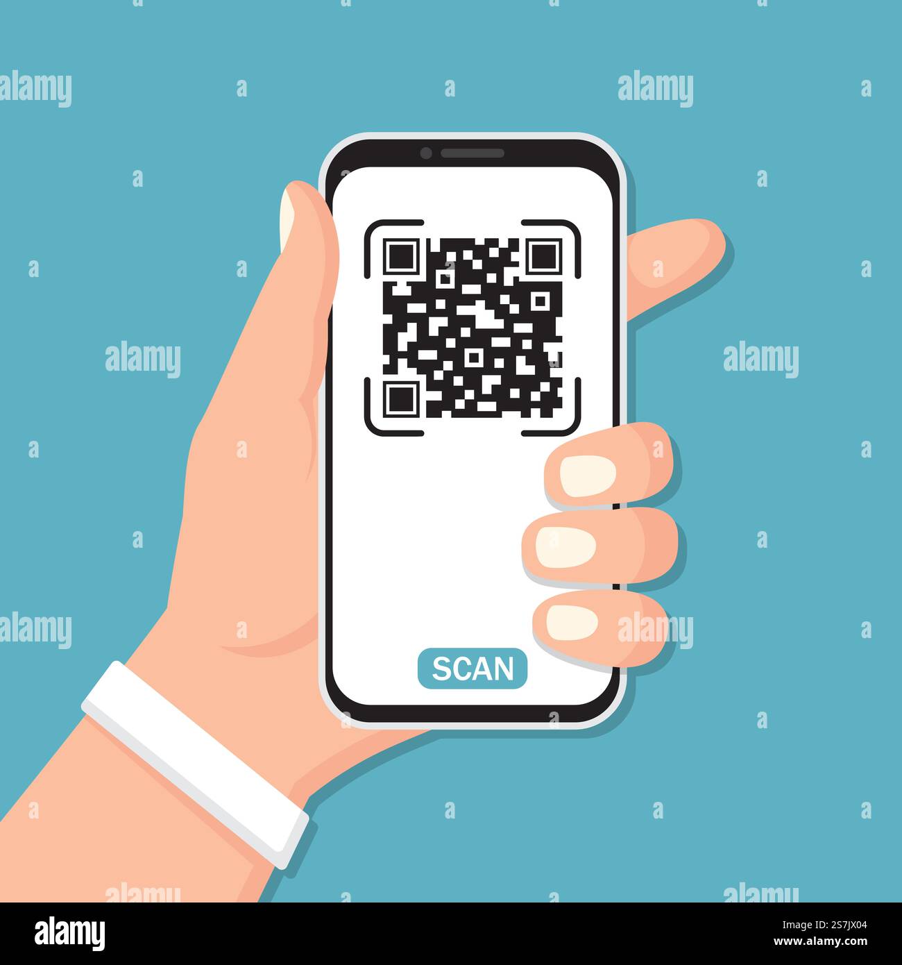 Hand holding smartphone with QR code in a flat design Stock Vector ...