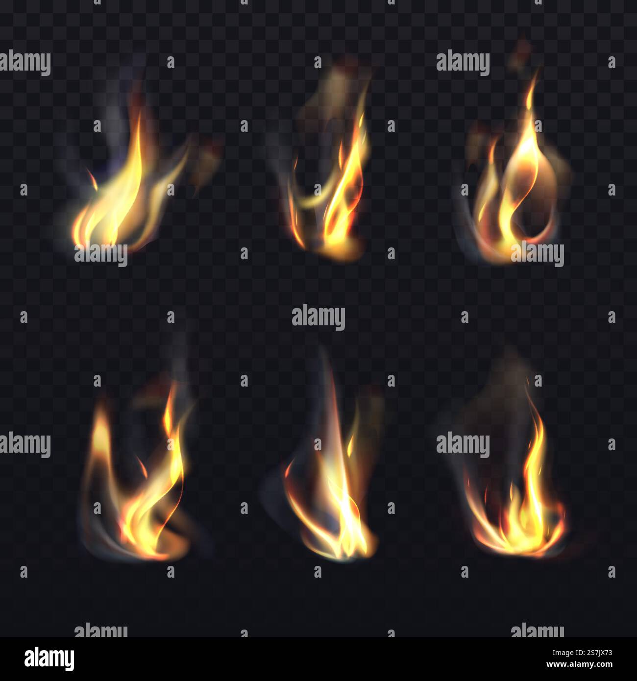 Fire flames with smoke, vector realistic icons. Candle or campfire ...