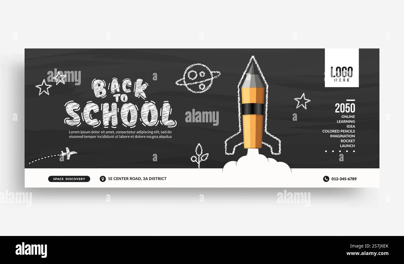 Realistic pencils rocket launching to space social media cover banner ...