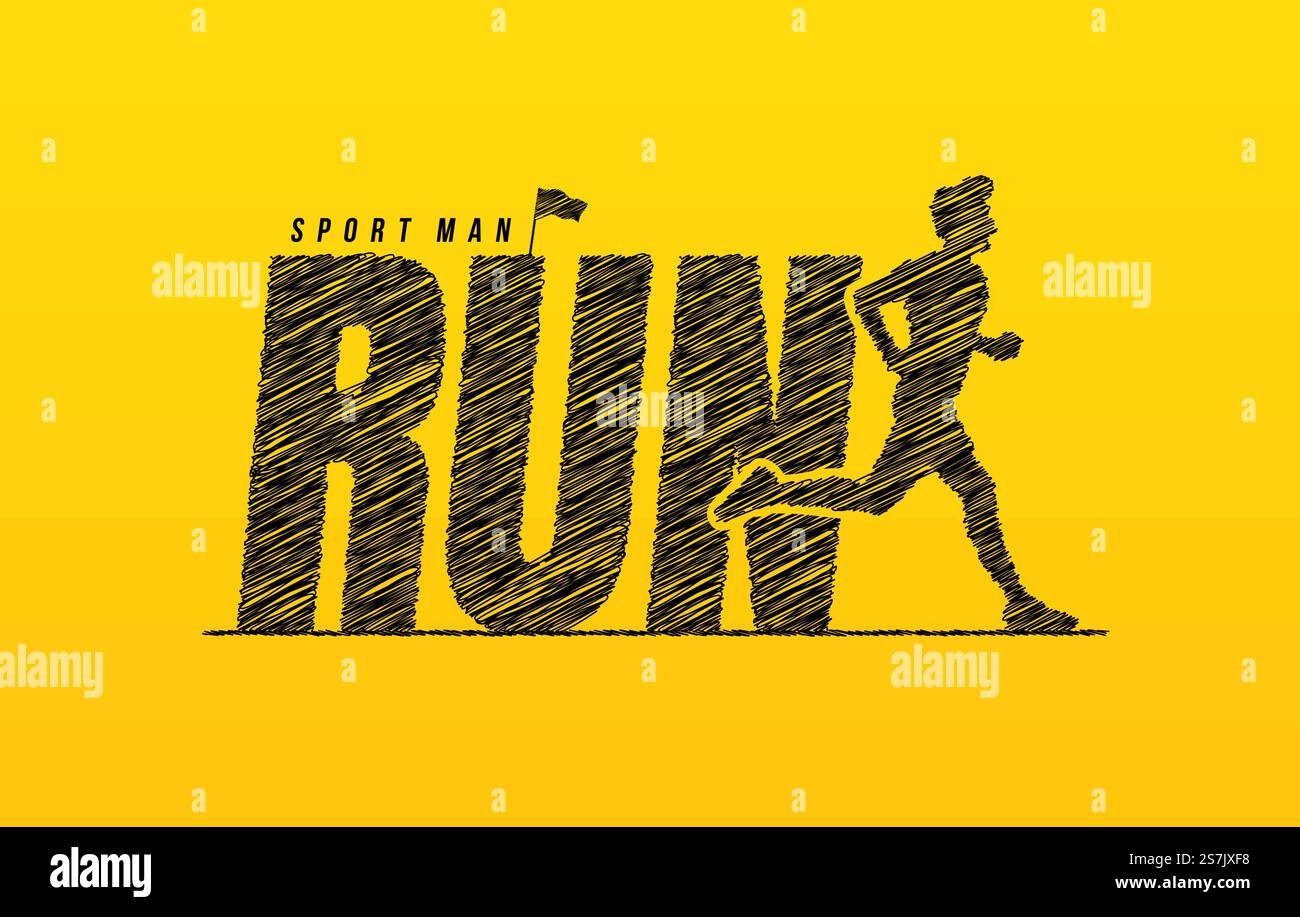 Run scribble text with sport running man on yellow background, Hand drawn running lettering ...