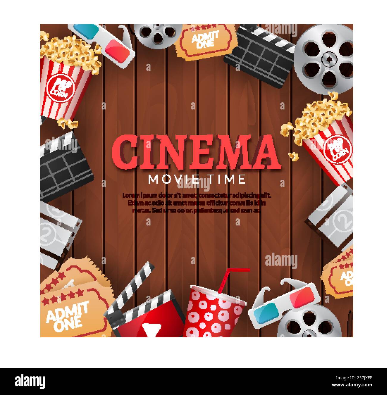Cinema movie theater poster template. Film reel, popcorn, clapper, 3D ...