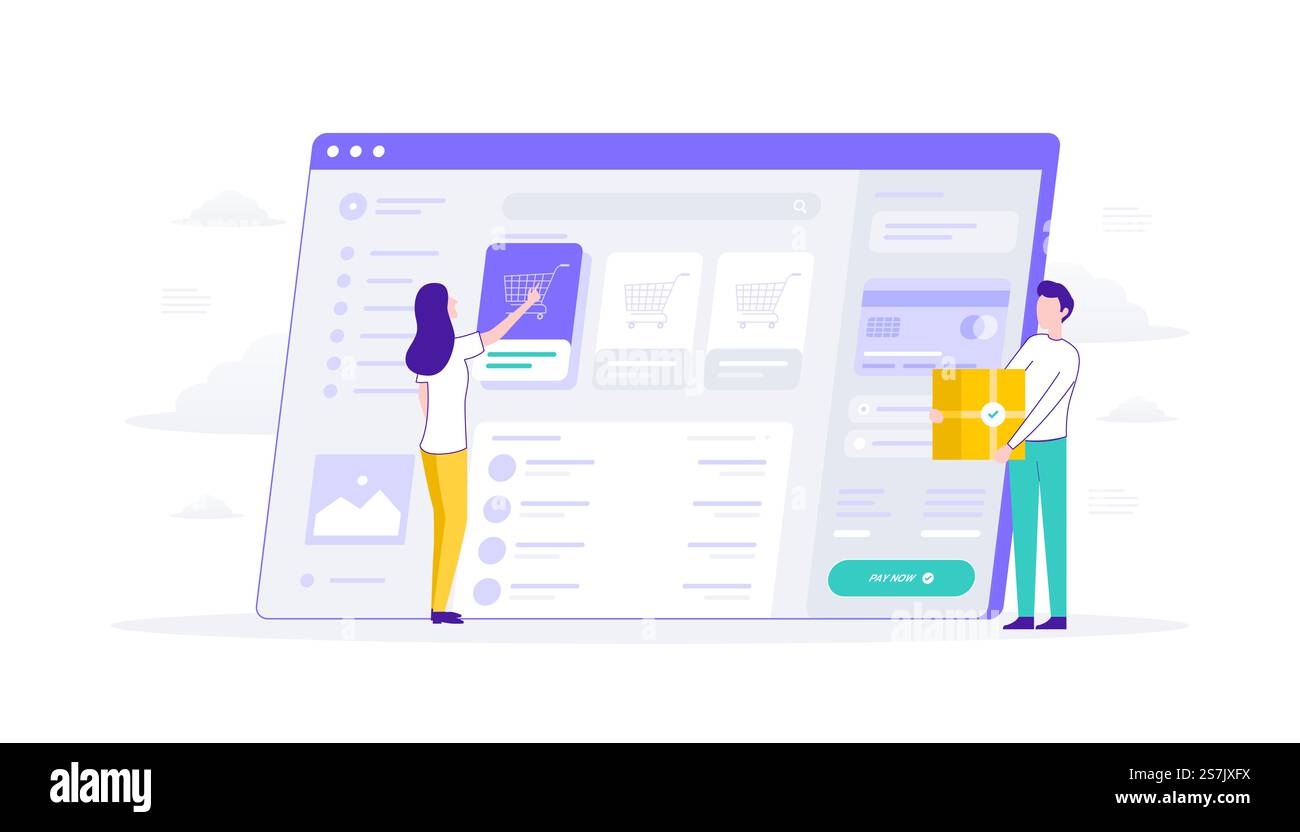 Woman click ecommerce product web app, payment with credit card, man ...