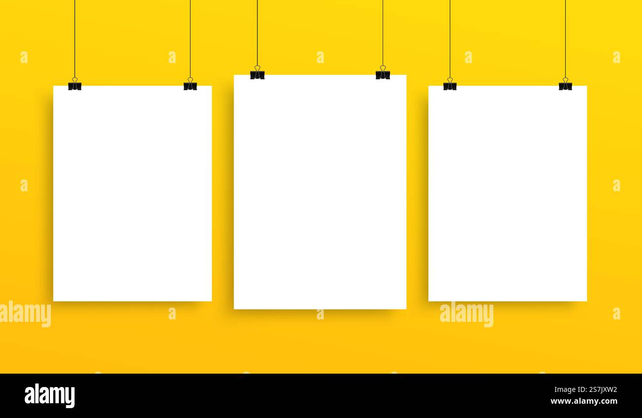 Collection of vertical hanging poster mockup, white blank sheets ...