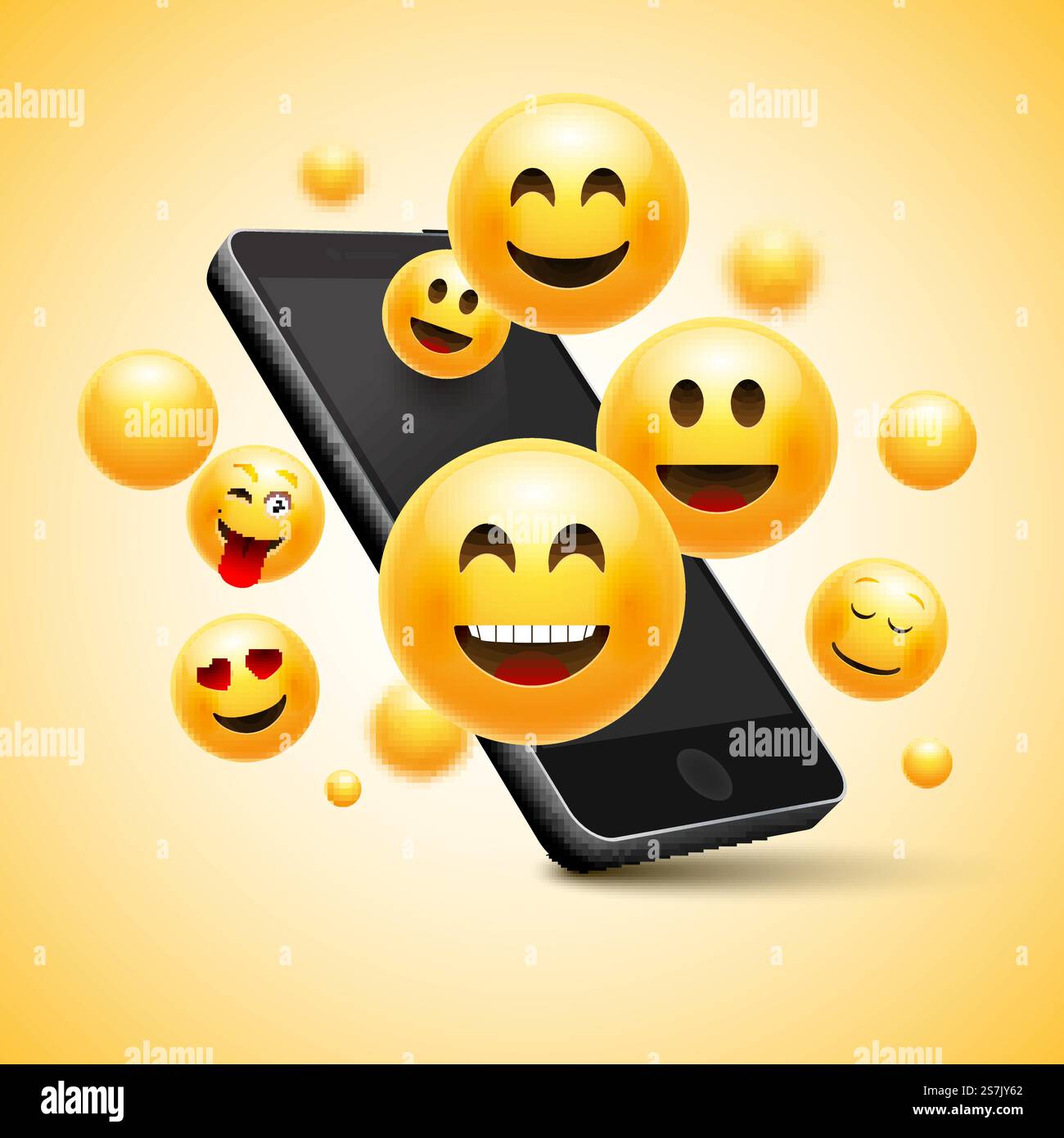 Emoji happy smiley design with mobile phone. 3d emotion concept ...