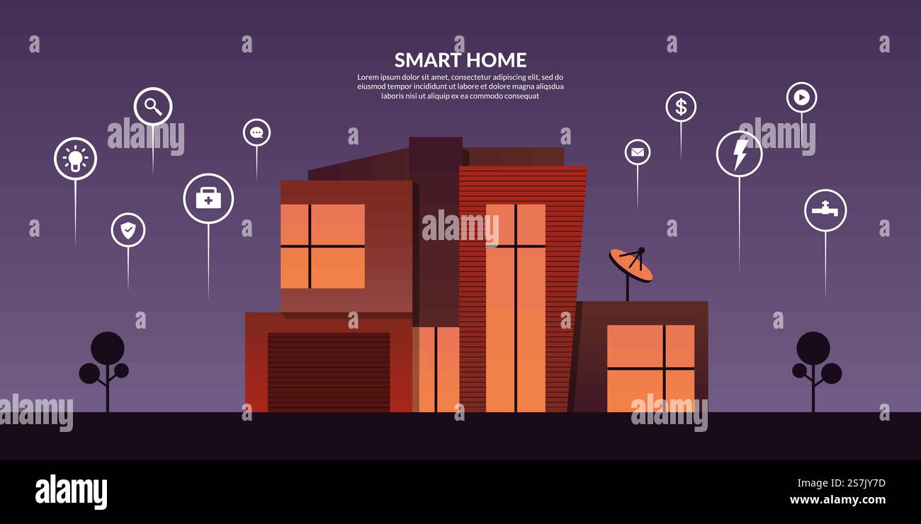 Smart home control technology with outline icons, Modern House ...