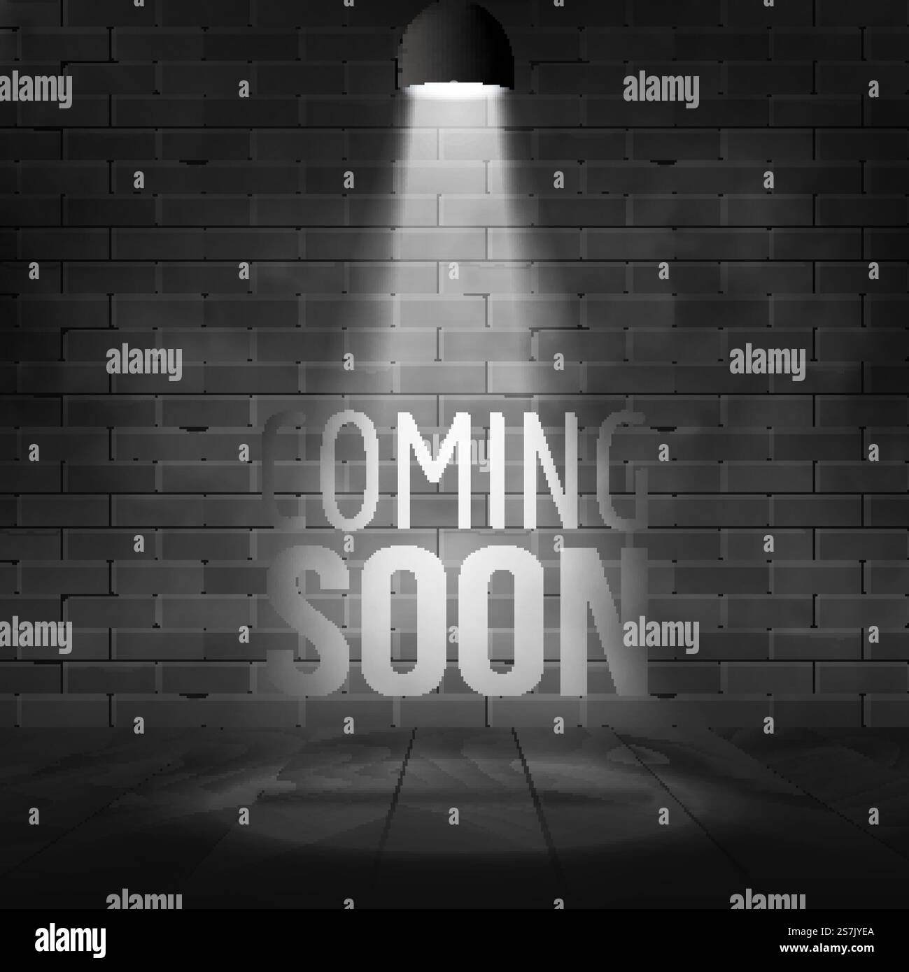 Coming soon message illuminated with light spotlight projector. Brick wall and stage realistic ...
