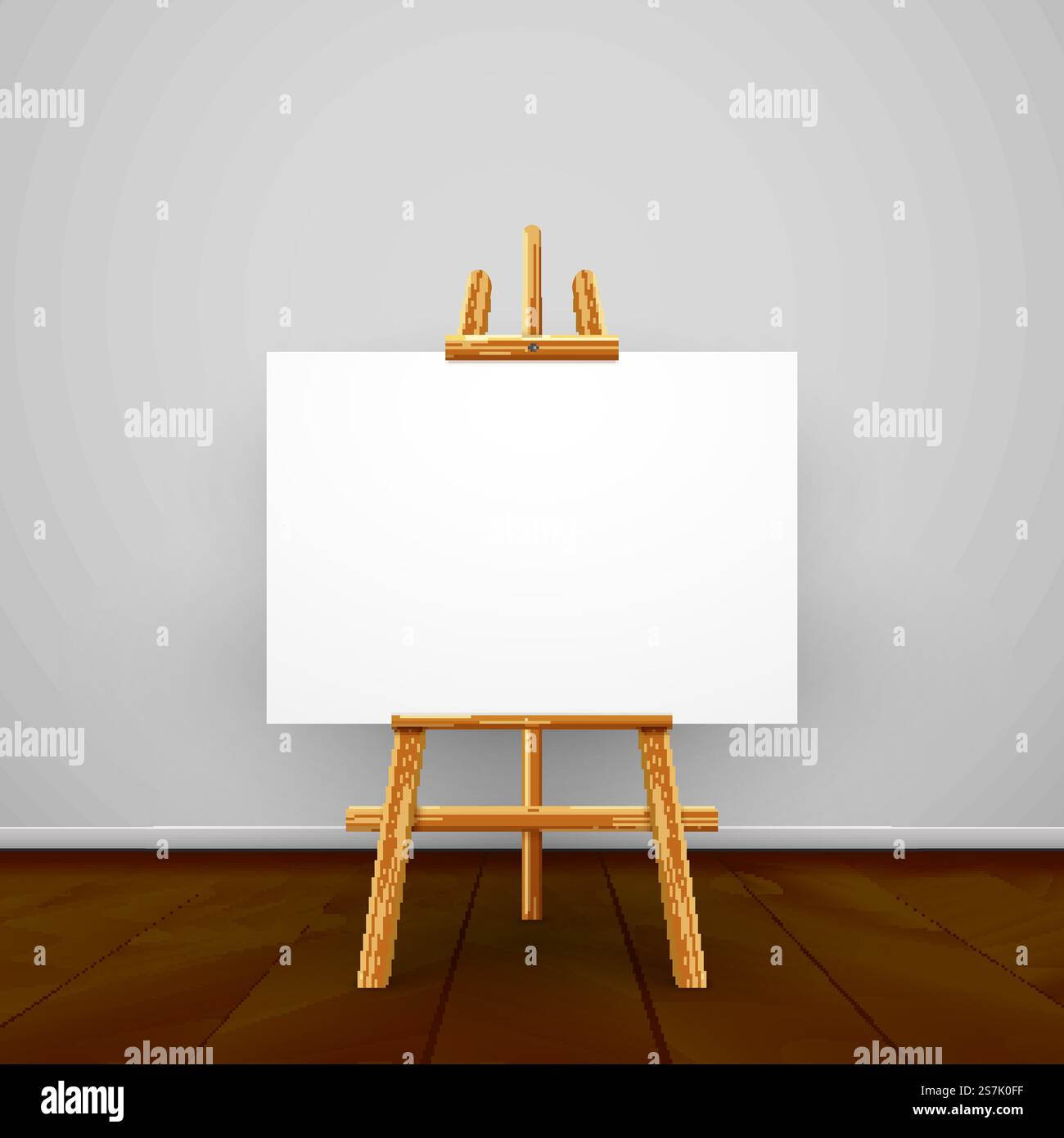Wooden easel canvas board isolated stand in front wall. Blank empty ...