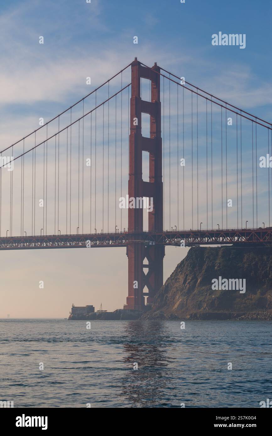 Long and colorful span of north tower of Golden Gate Bridge stretches ...