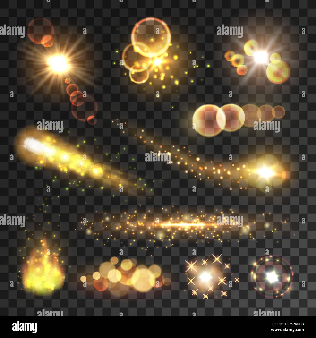 Golden sparkling light trails. Sparkling glitter flashes. Shining particles with sparkler tails ...