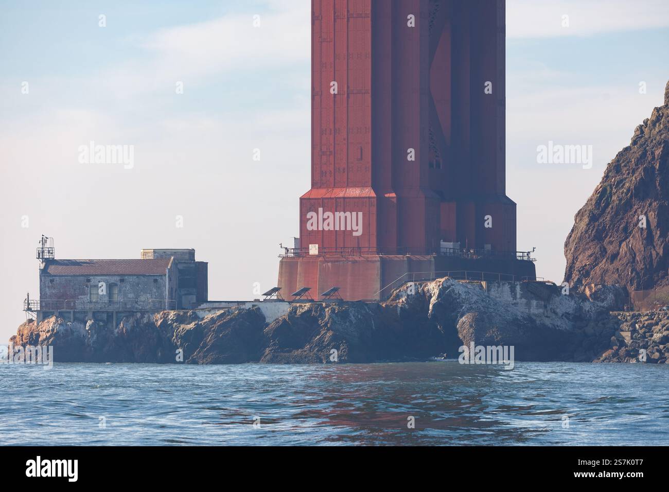 Close up architectural view of the bride span and north tower of Golden ...