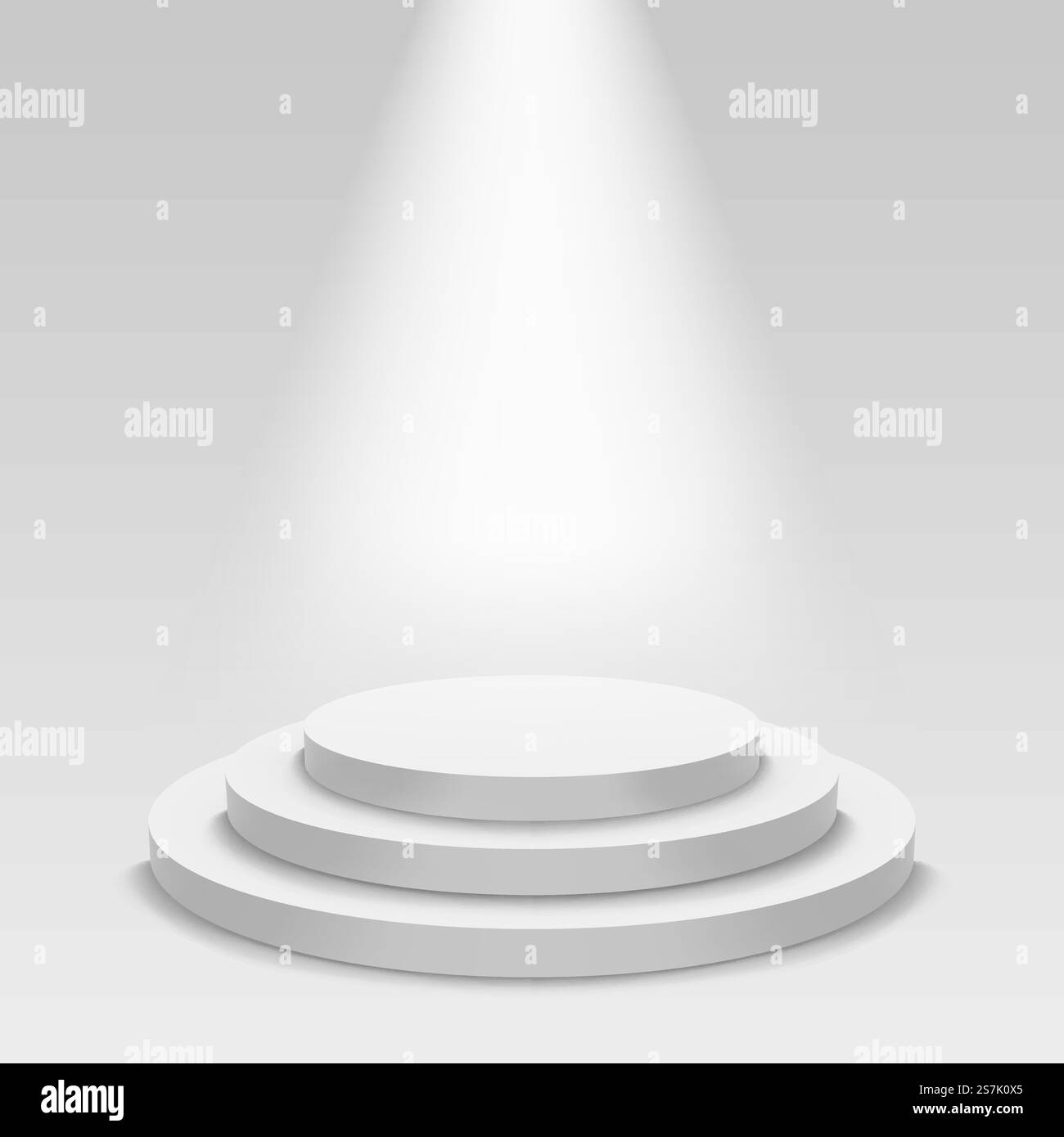 Realistic white podium. Empty stage podium with spotlight, round award ...