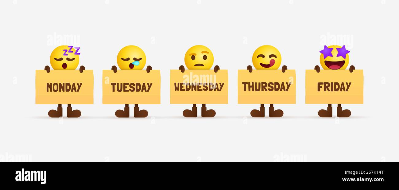 Cute emoji characters holding paper of weekday, office workers feeling ...