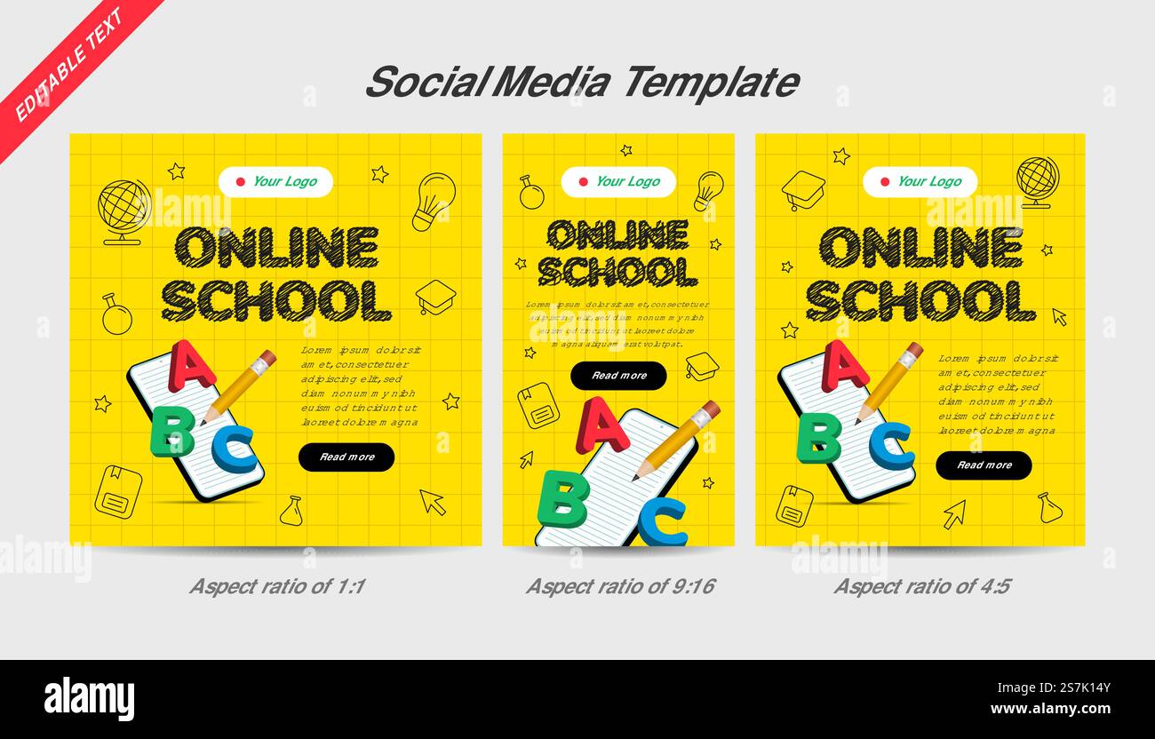 Online school social media template with 3d illustration. Digital ...