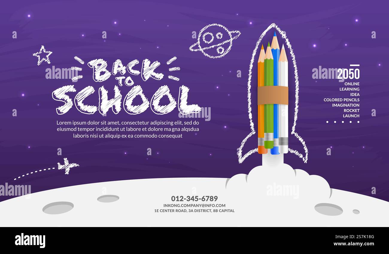 Color pencils rocket launching to space background, Welcome back to ...