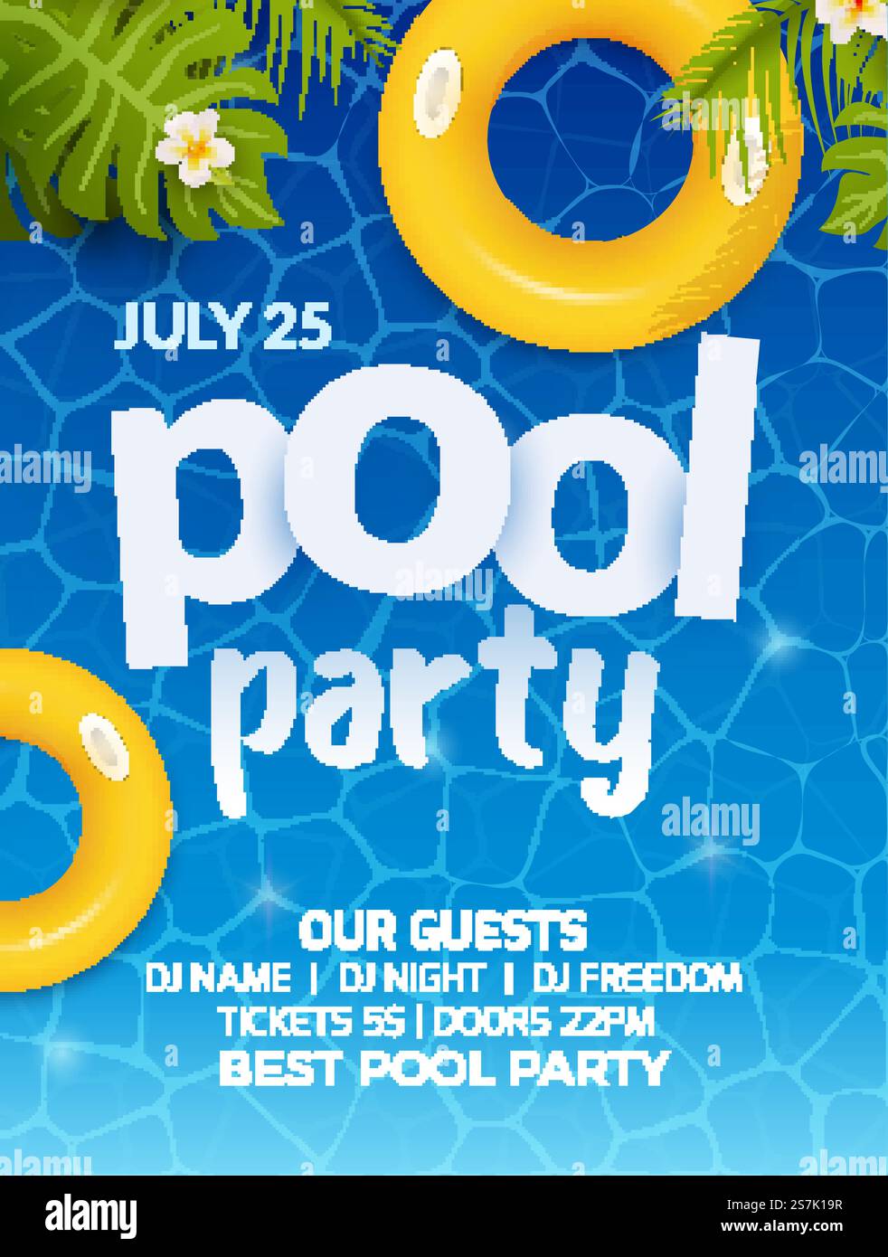 Pool summer party invitation banner flyer design. Water and palm ...
