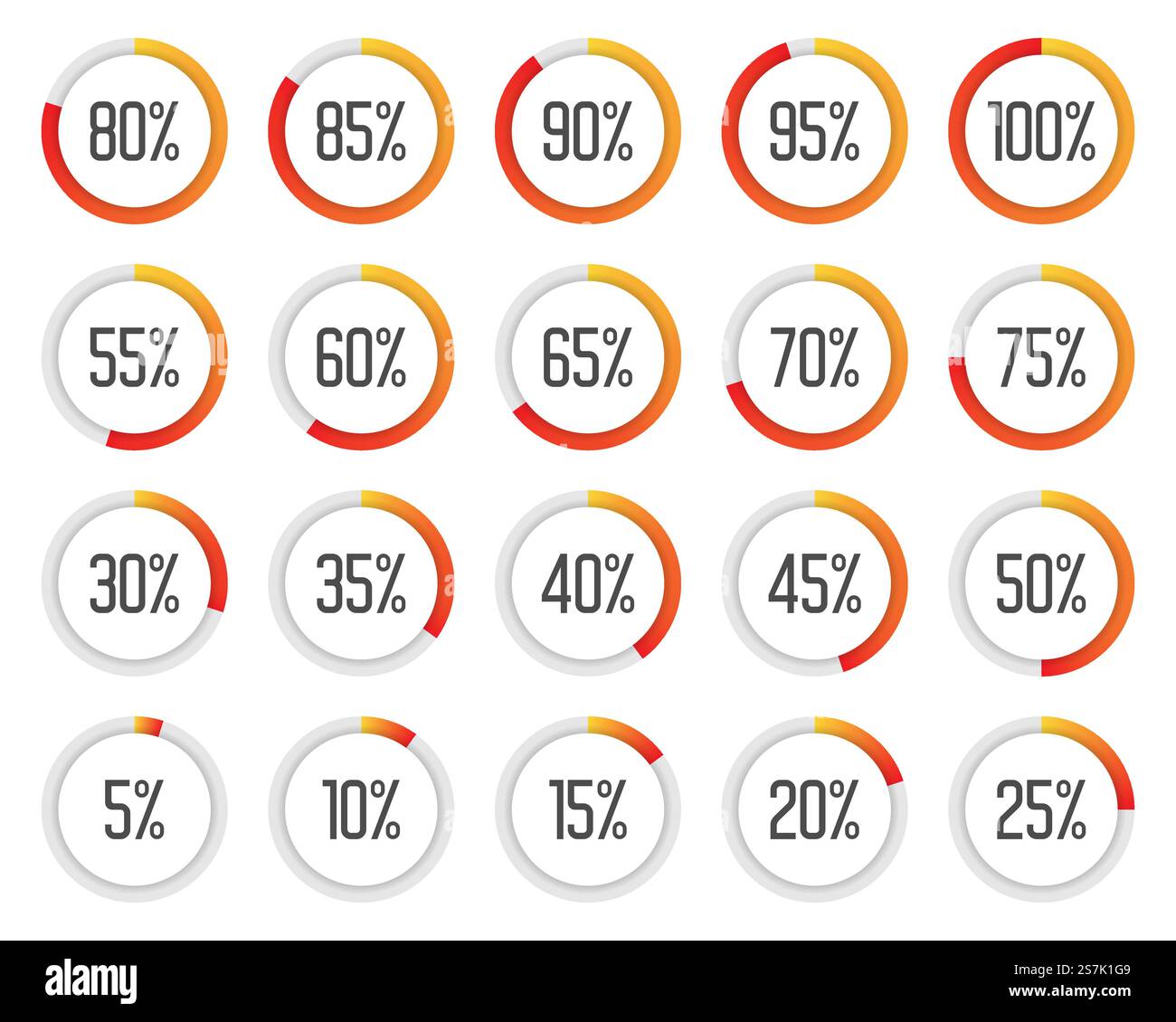 Set of colorful pie charts. Collection of orange and red percentage ...
