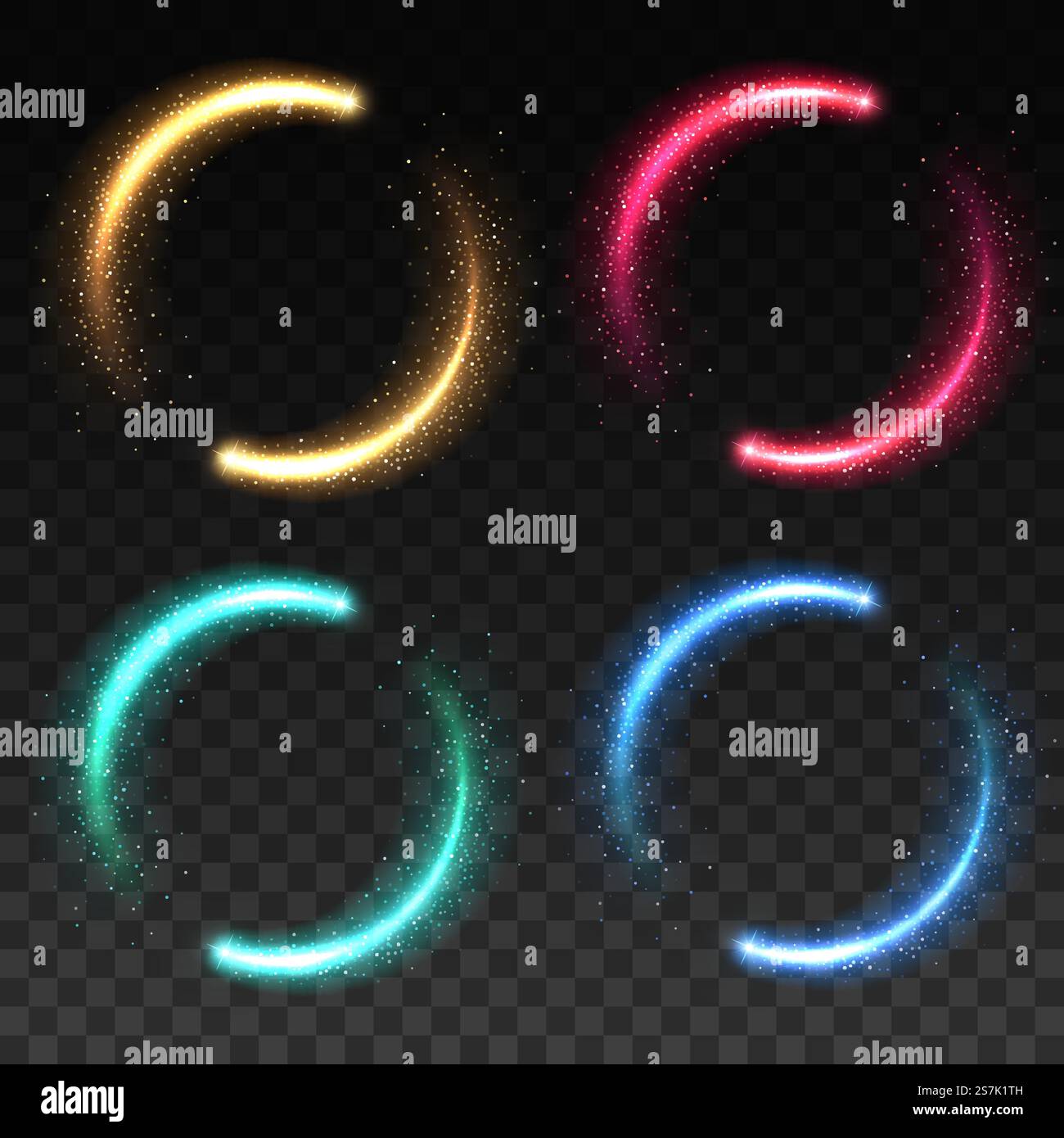 Glowing magical light rings, flare color lines. Yellow, green and blue, red sparkles moving in ...