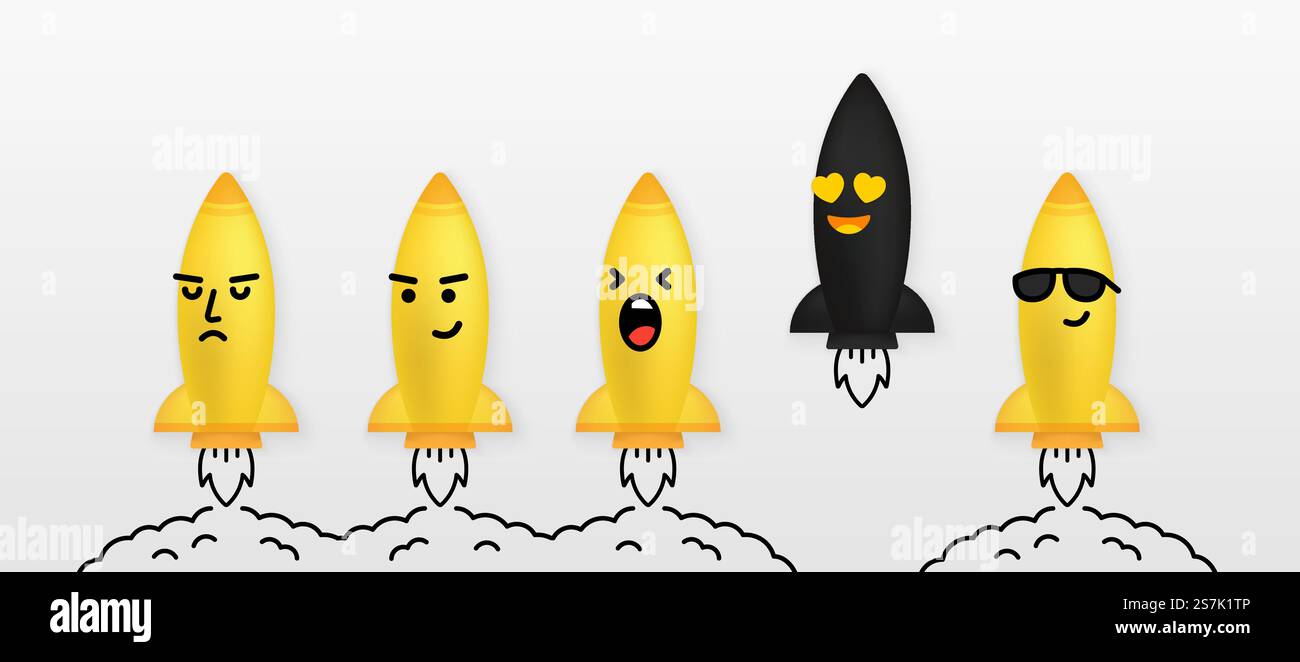 Set of cute rocket characters launching to space on white background ...
