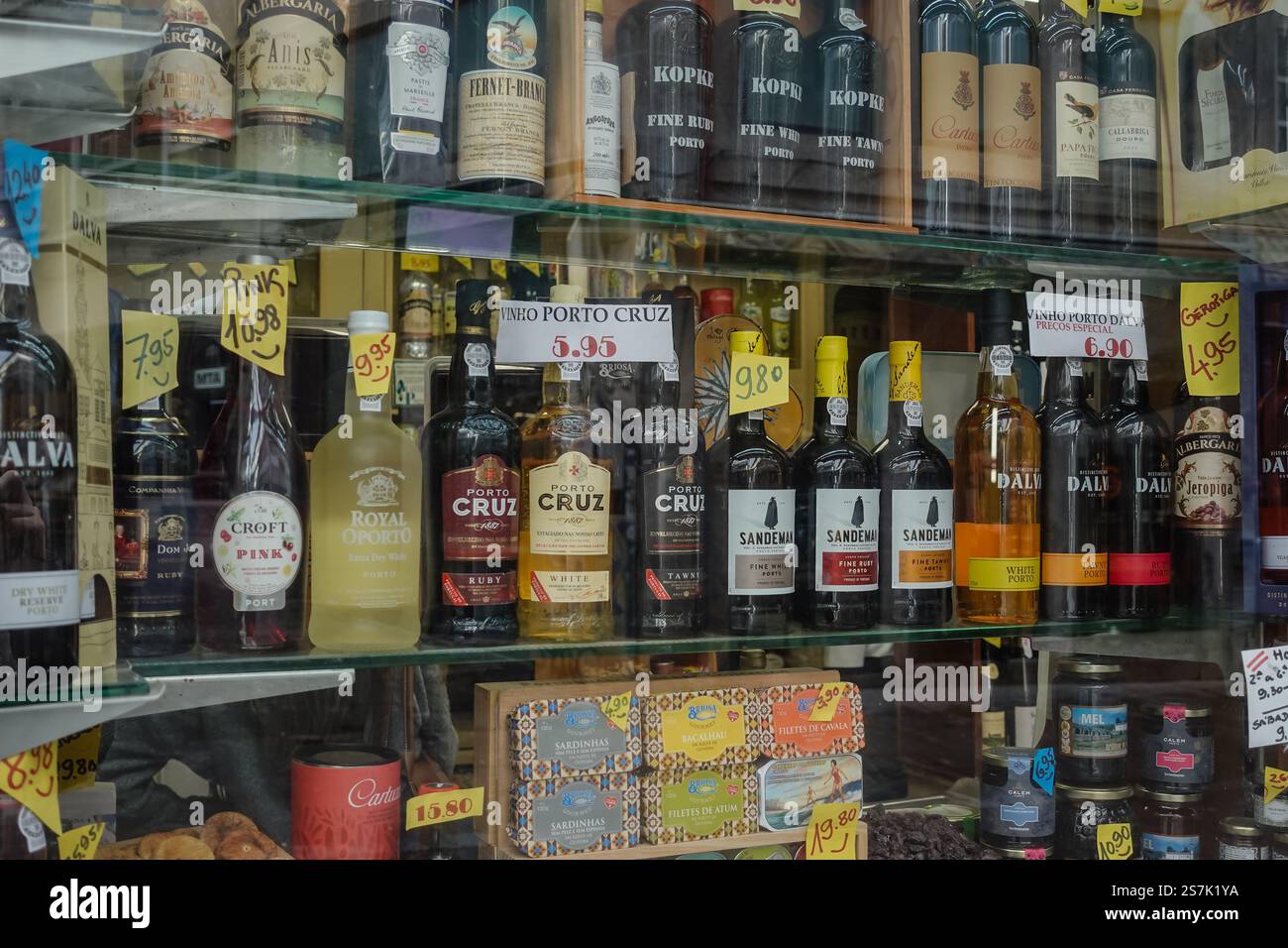 A wine display in the shop window of a store in Porto, Portugal ...