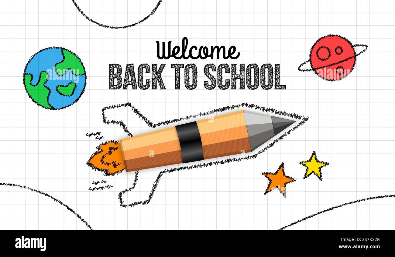 Realistic pencil rocket launching on white paper, Welcome back to ...