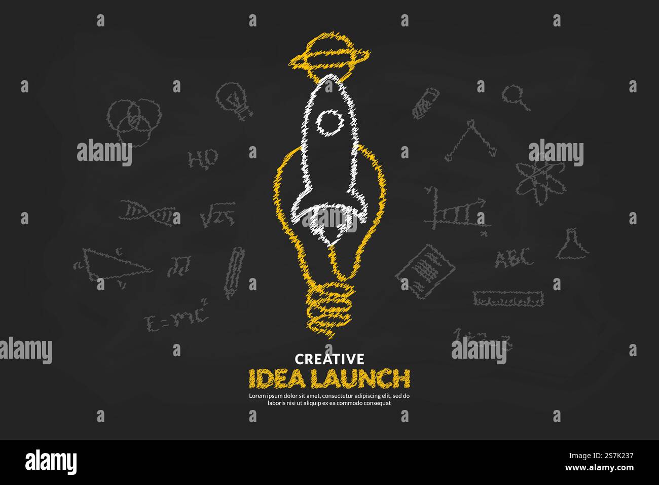 Creative ideas with light bulb and rocket launching to space background ...