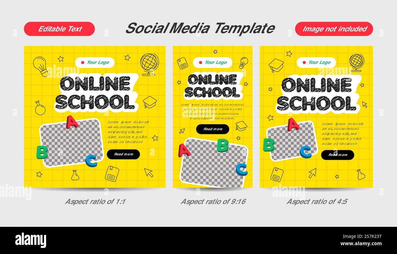Online school social media template with 3d illustration. Digital ...