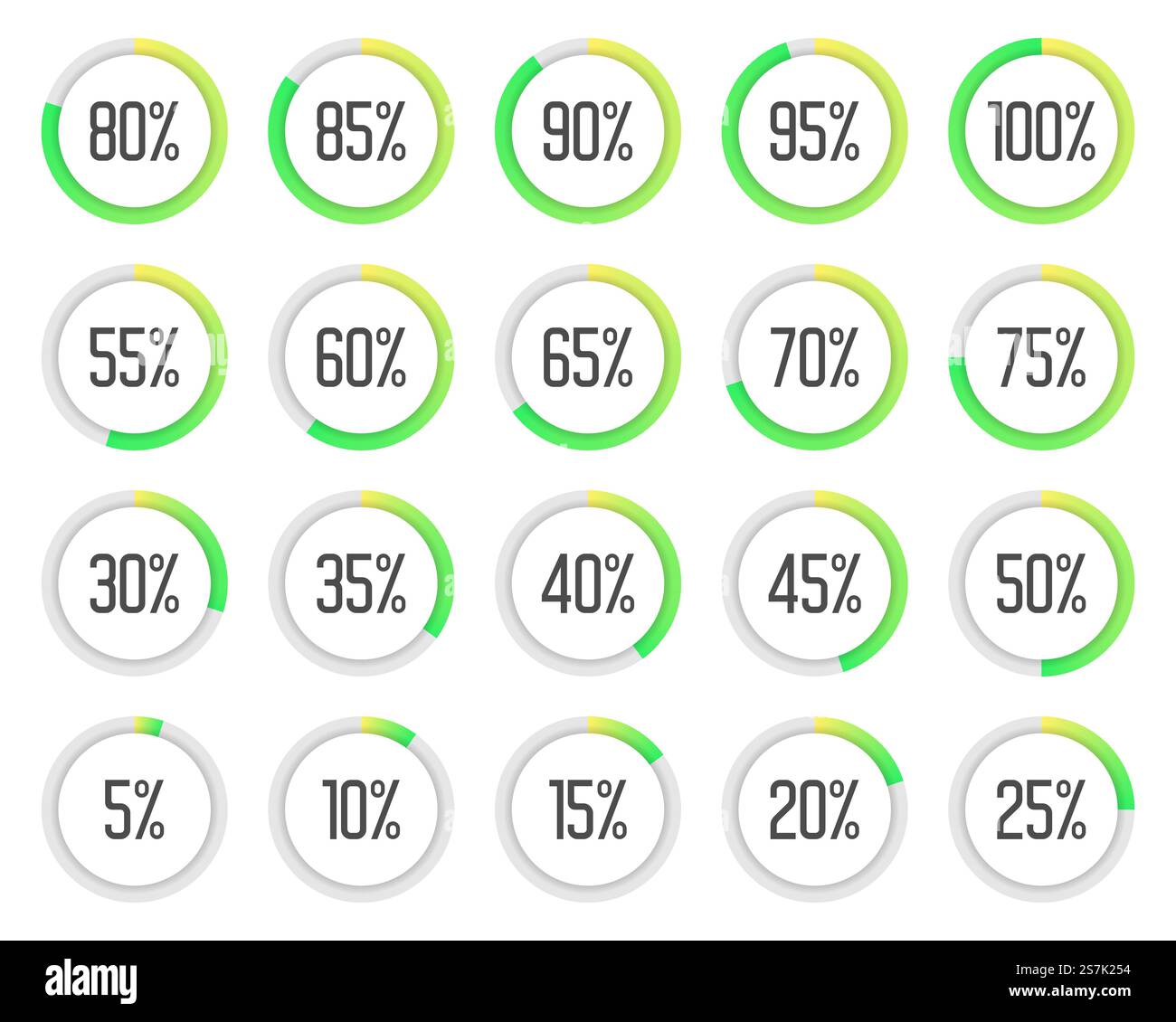 Set of colorful pie charts. Collection of green percentage diagrams ...