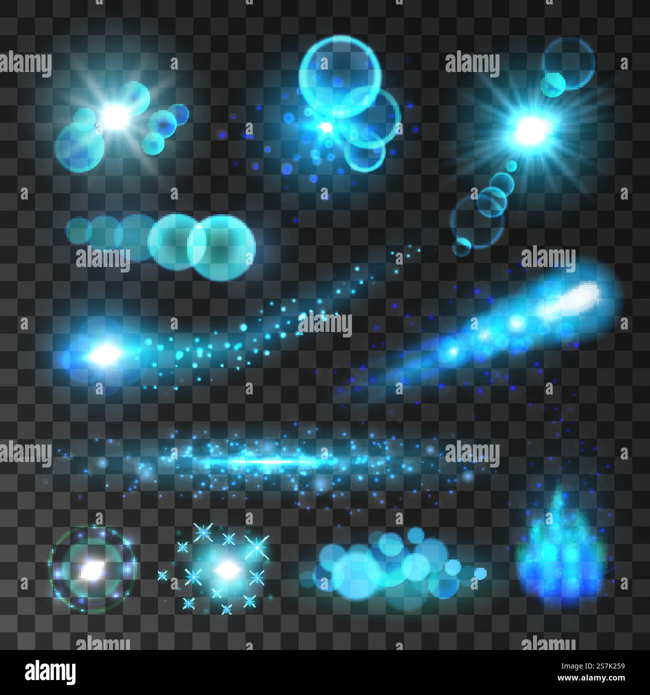 Neon blue sparkling glitter and bokeh lights. Sparkling comet tails ...