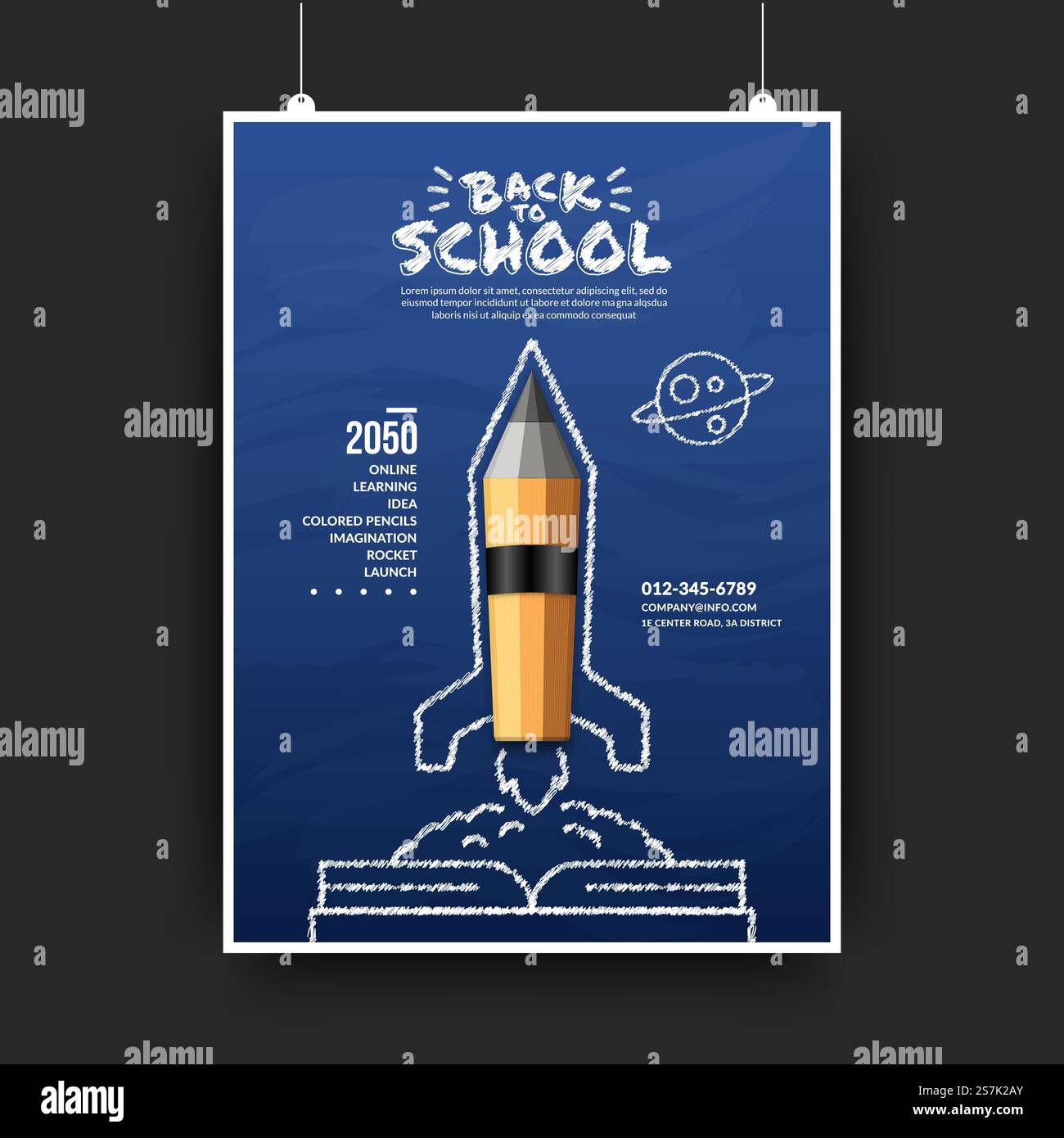 Realistic pencils rocket launching out from the book to space, welcome ...