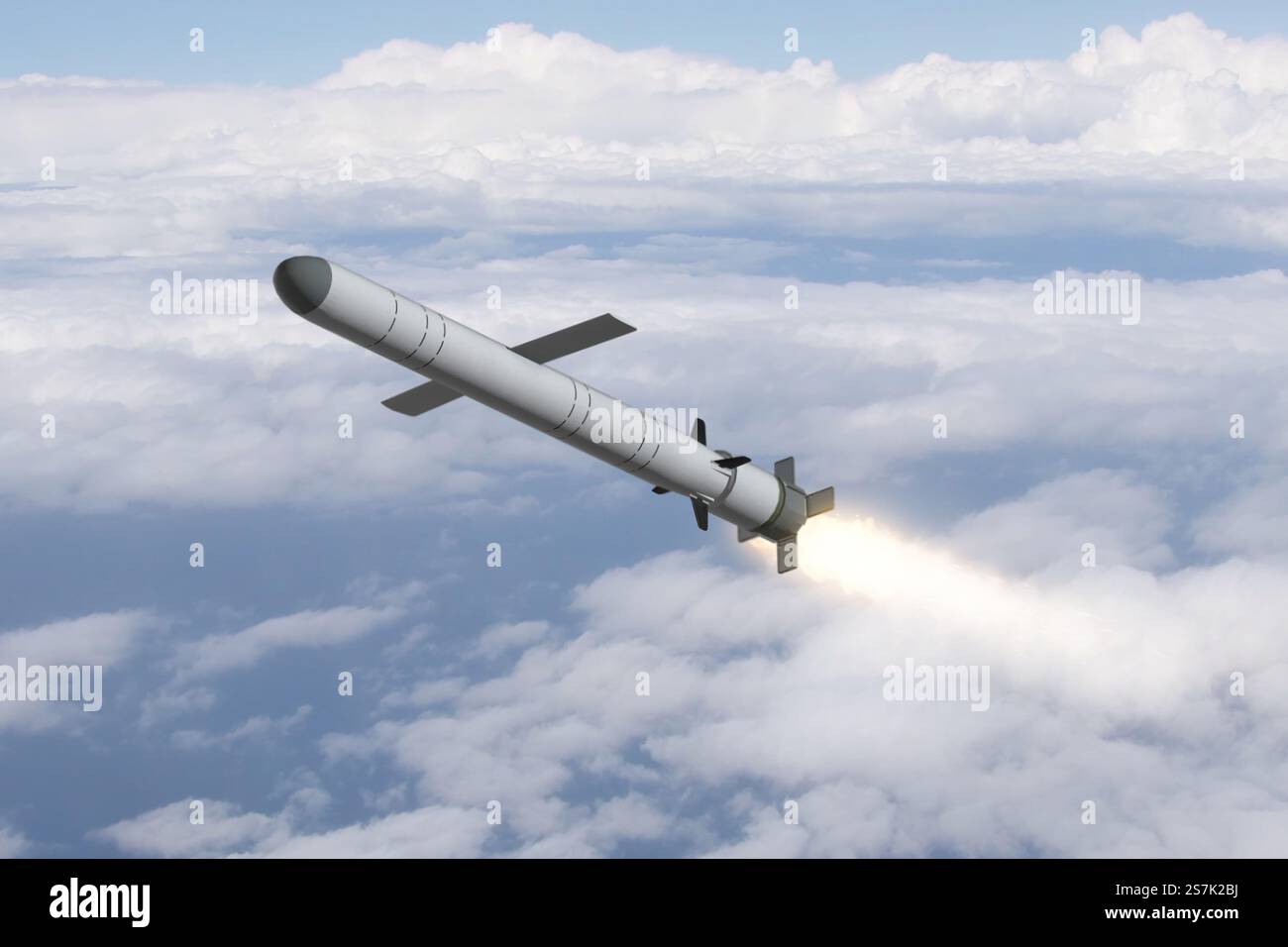 Military missile Kalibr in the sky above the clouds, a trace of the ...