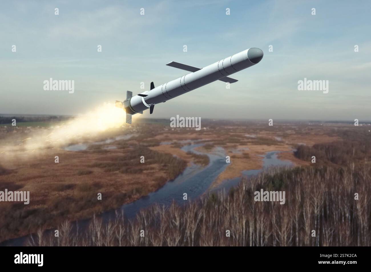 Military missile Kalibr flying in the sky on the background of natural ...