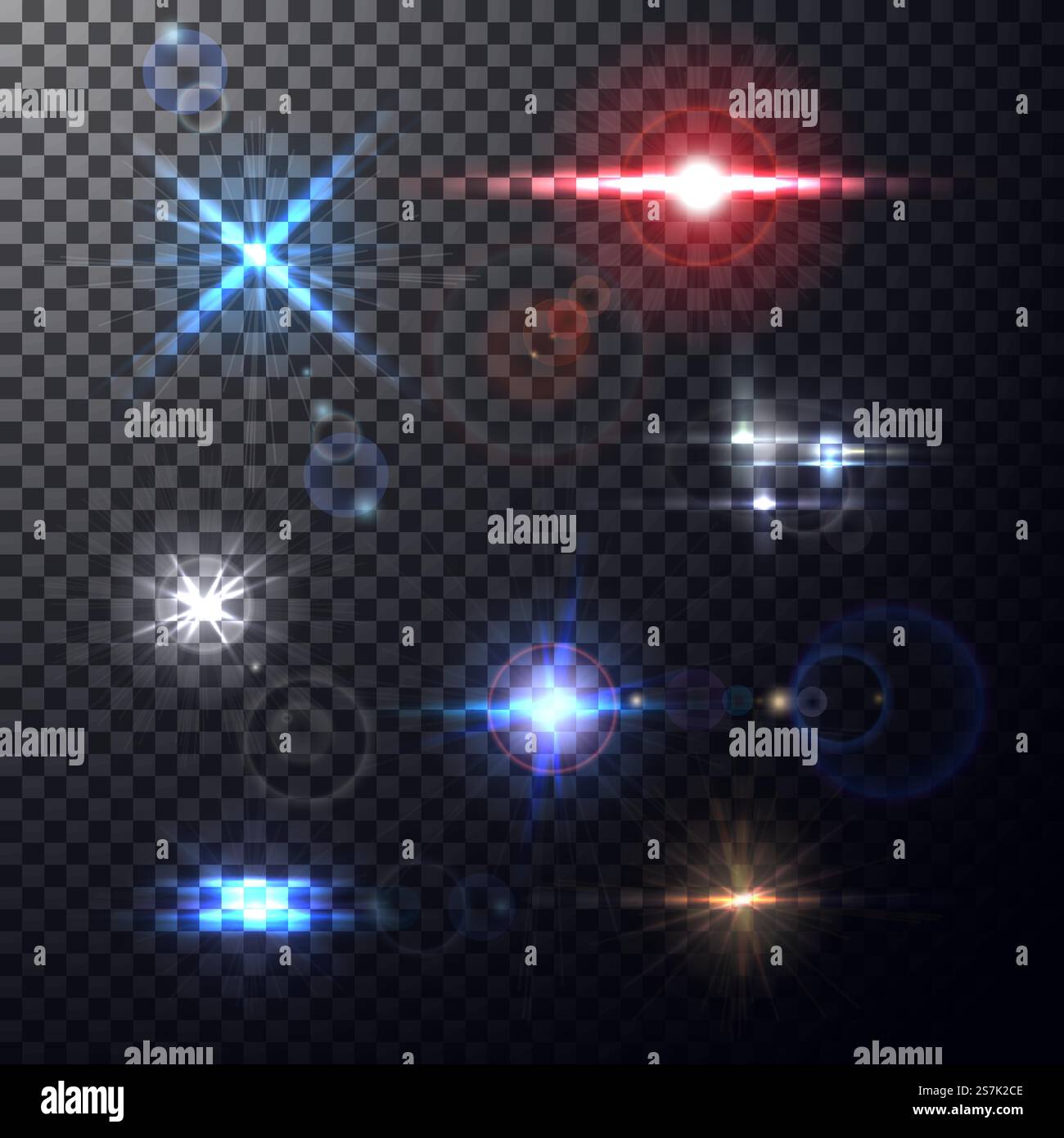 Realistic colorful bright lens flares beams and flashes on transparent backdrop. Design elements ...
