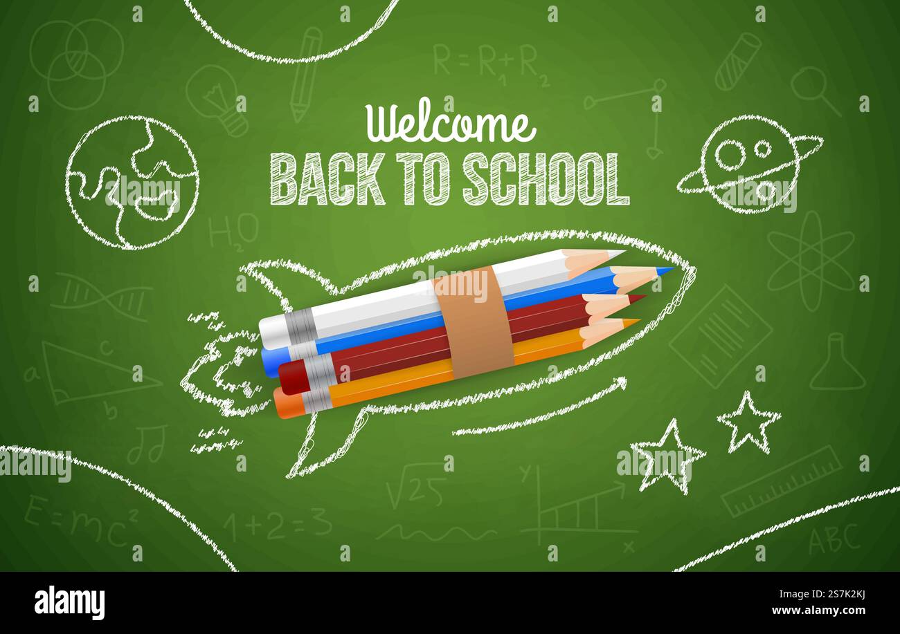Welcome back to school background, Color pencils rocket launching on ...