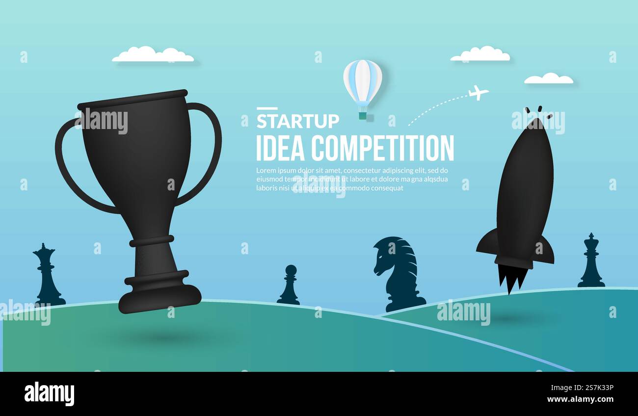 Rocket launching with trophy on blue background, concept of business ...