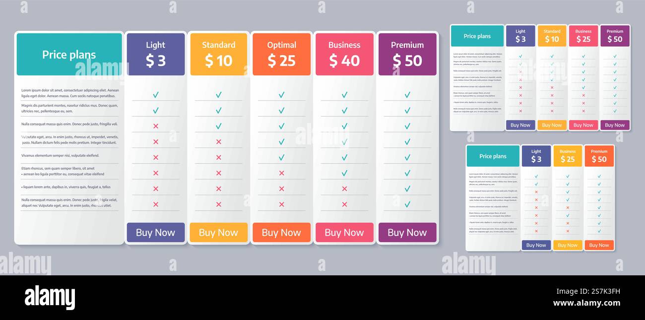 Price table template. Vector. Comparison plan chart. Set pricing data ...