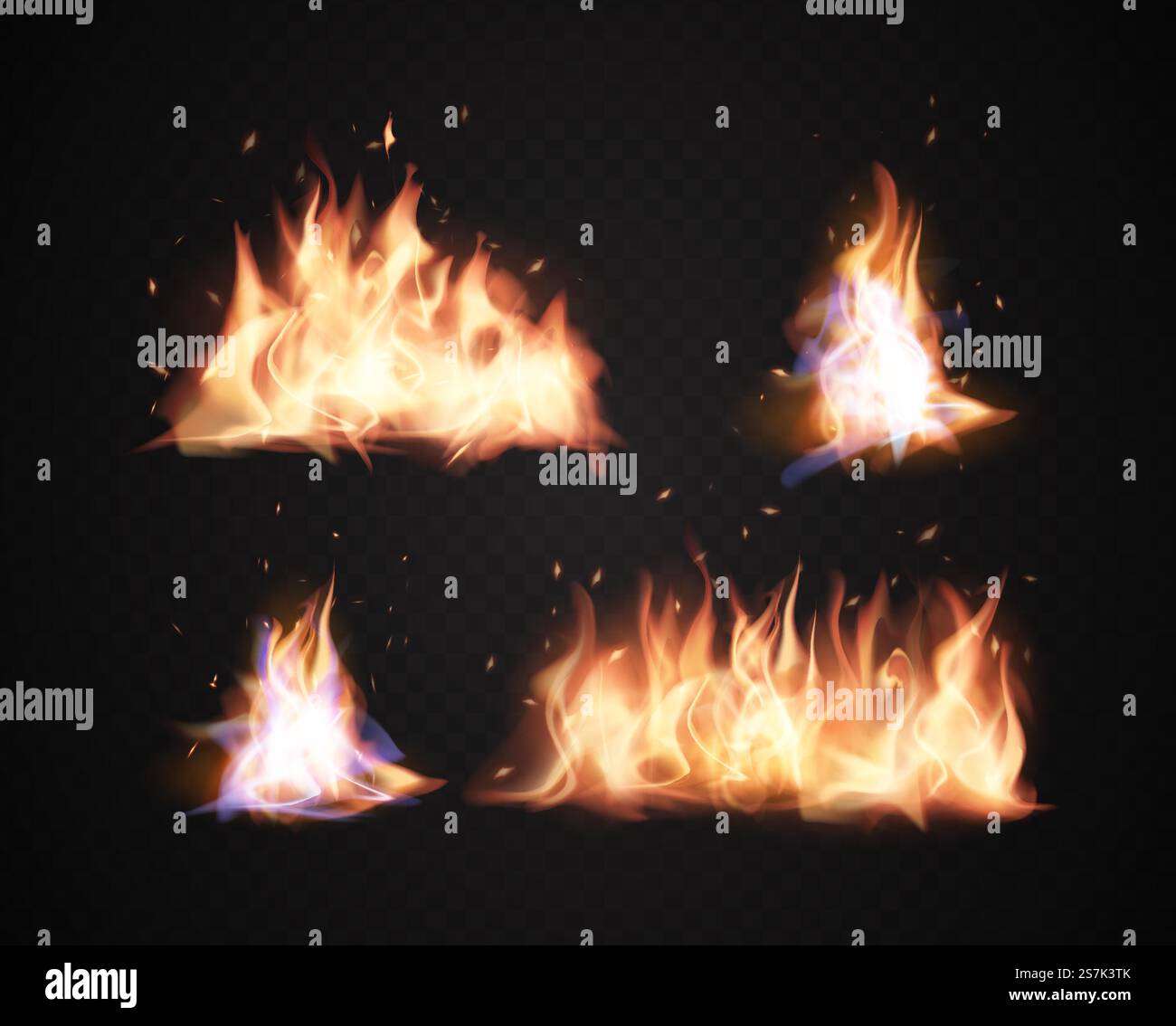 Realistic fire flames, Burning icons on transparent black background ...