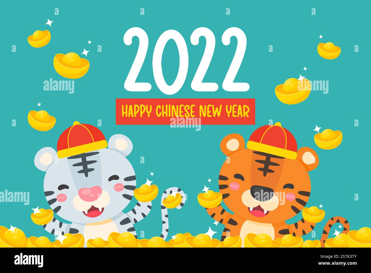 Happy chinese new year 2022 Cartoon tiger holding gold blessing chinese ...