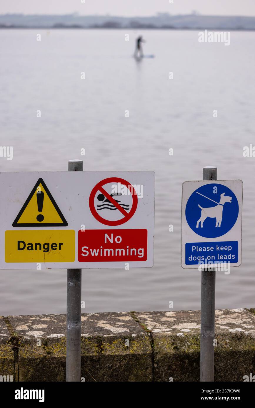 January 2025 - Cheddar reservoir safety signs Stock Photo - Alamy