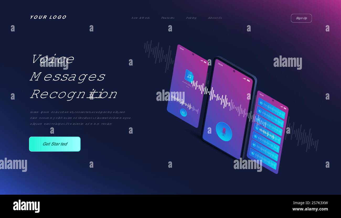 Template voice messages recognition landing page. Mobile application for recording sound ...