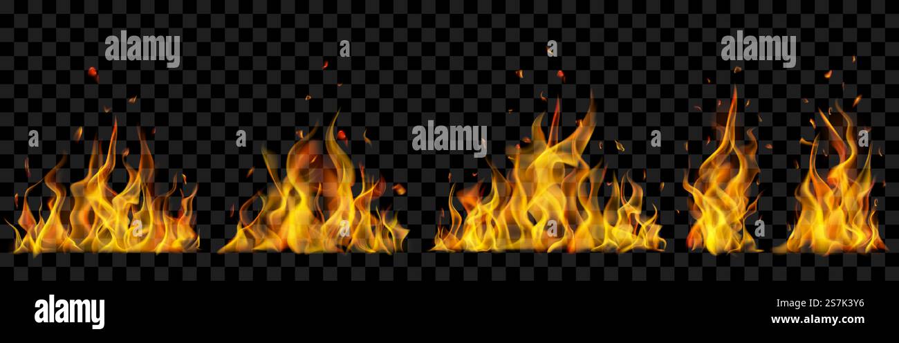 Set of translucent burning campfires of flames and sparks on ...