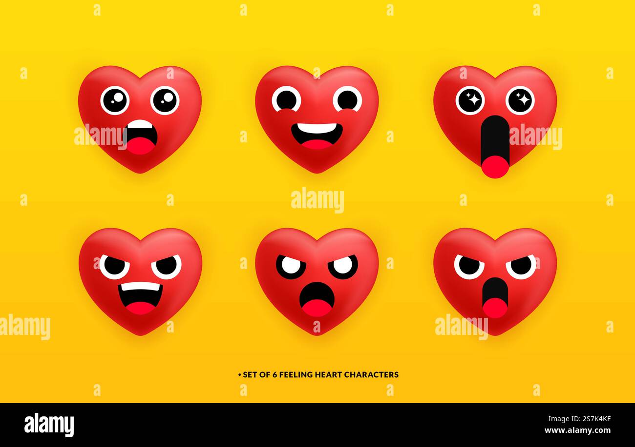 Collection of six cute heart characters in different feeling Stock ...