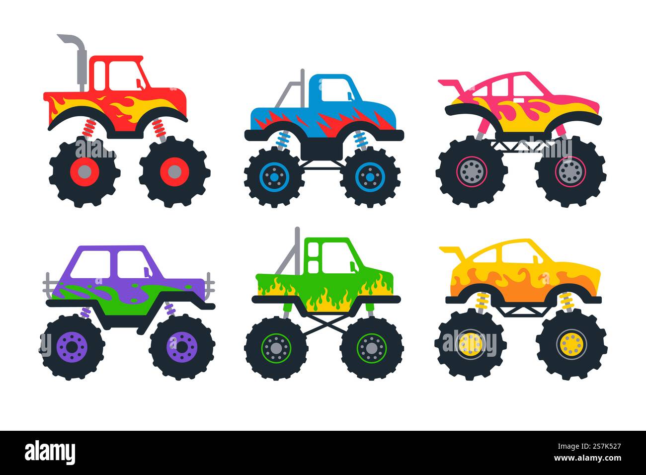 Set of monster trucks. Vector pickup truck with big wheels Cartoon car ...