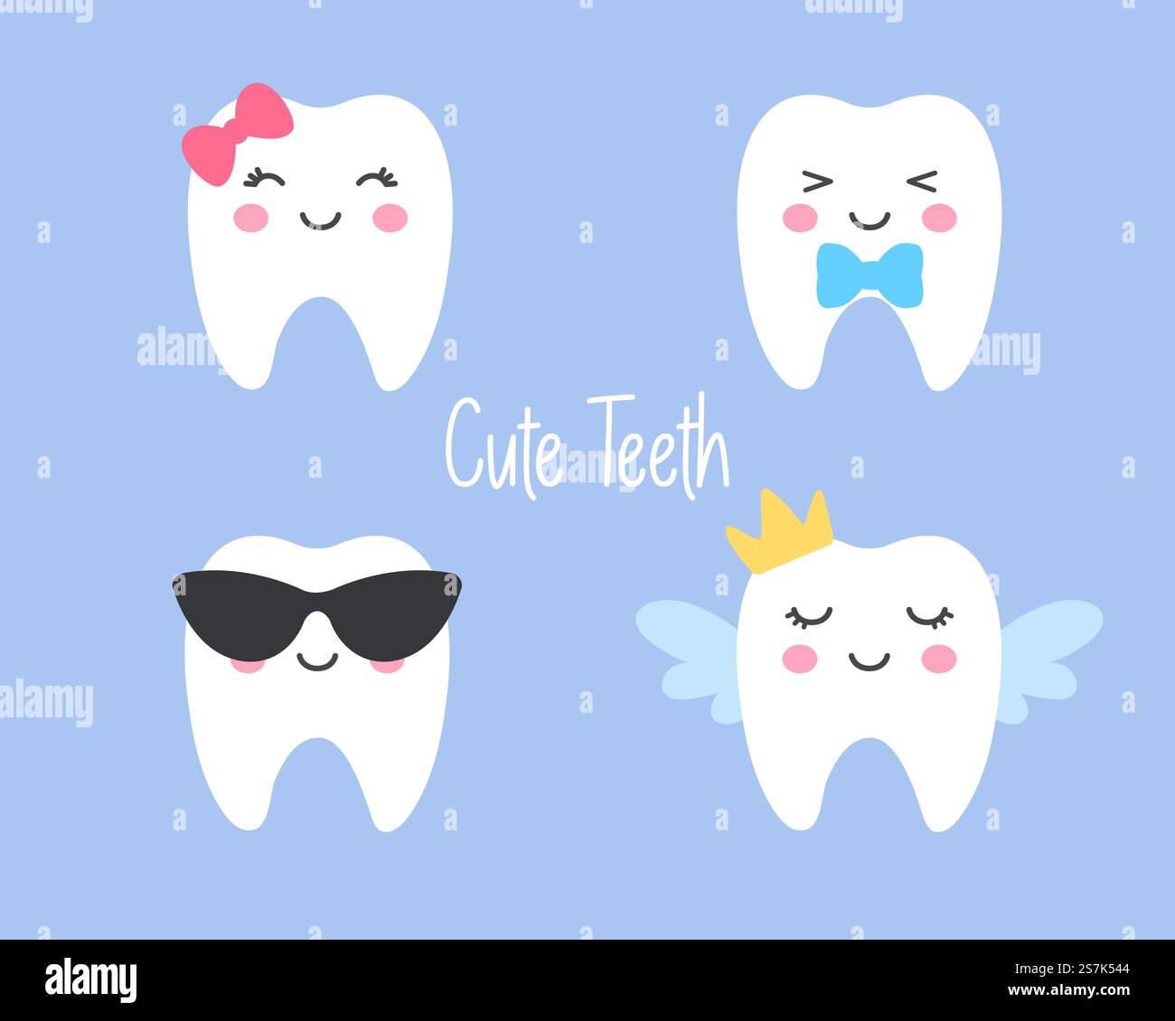 Cute cartoon milk teeth vector Adorned with a bow and a tiara to ...
