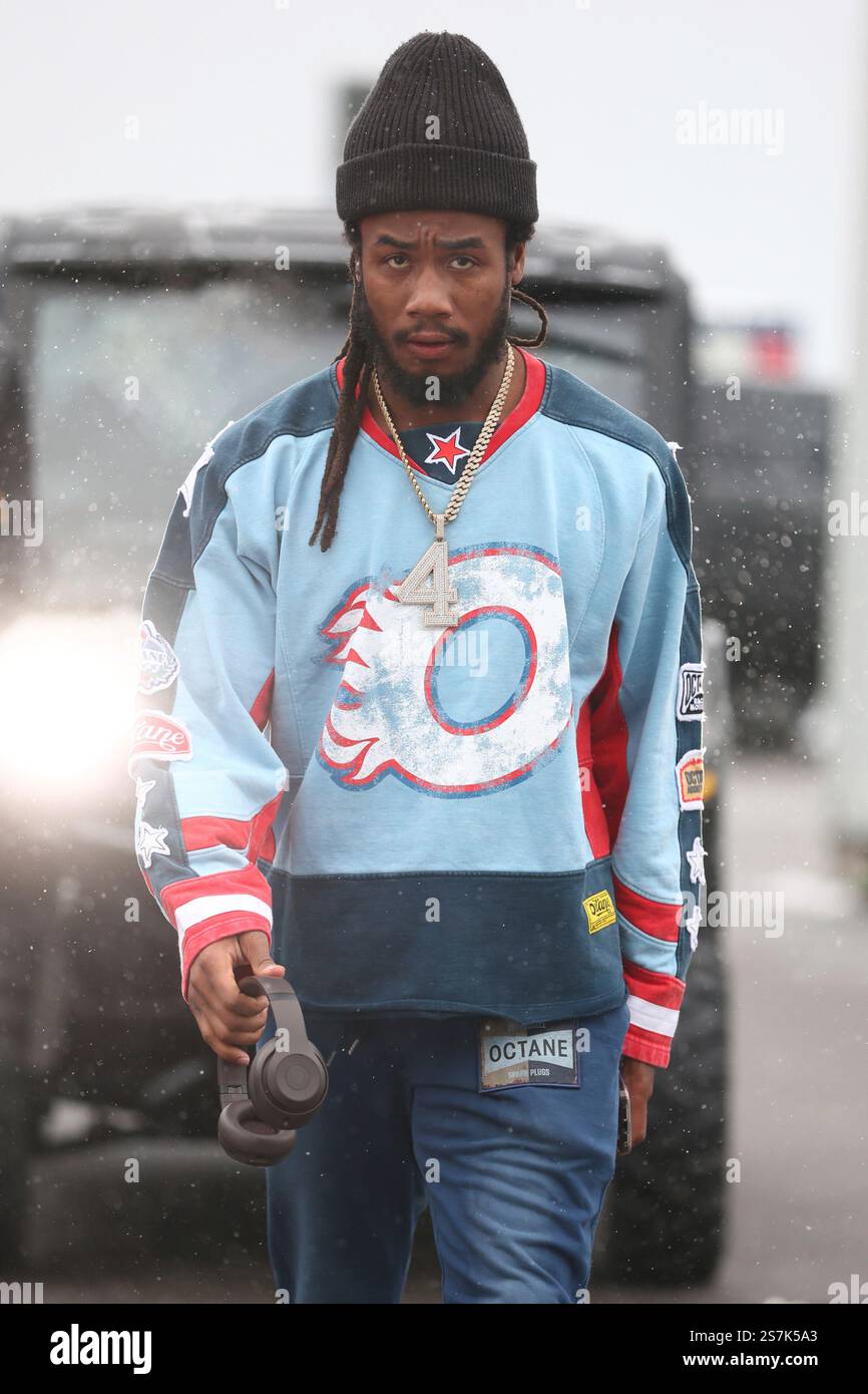 Buffalo Bills running back James Cook (4) arrives at stadium prior to ...