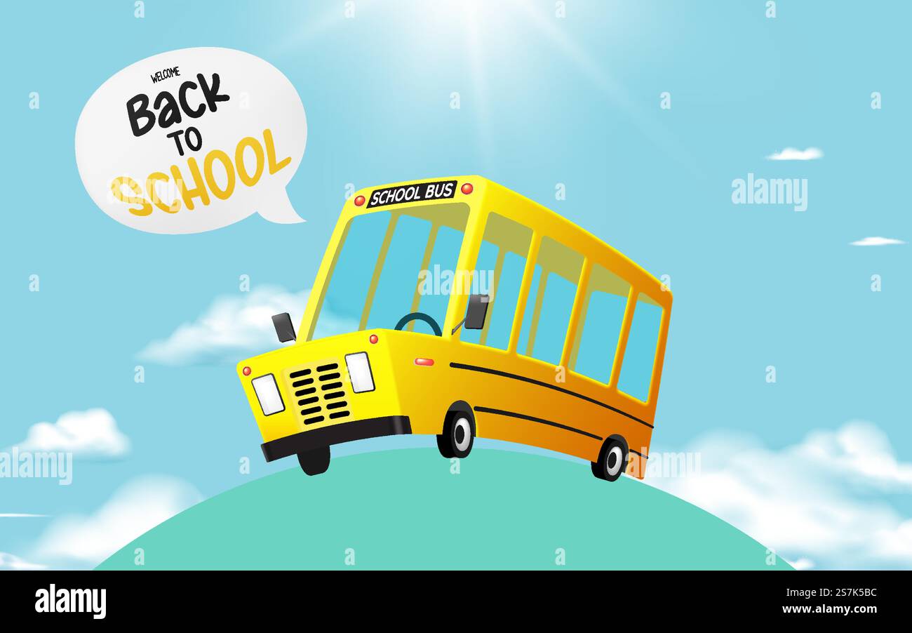 School bus 3D art style driving on the road with beautiful sky ...