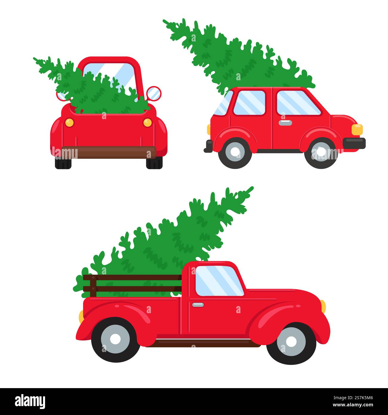 Christmas car. Red pickup truck carrying a Christmas tree Stock Vector ...