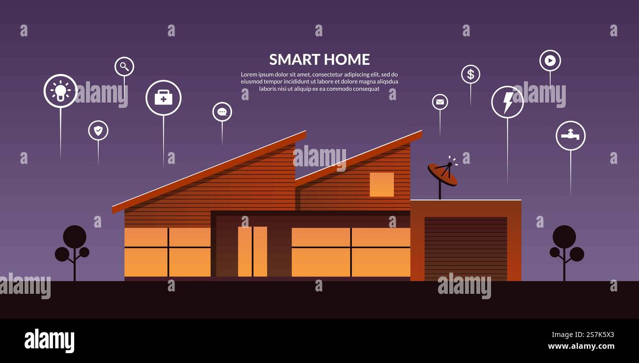 Smart home control technology with outline icons, Modern House ...