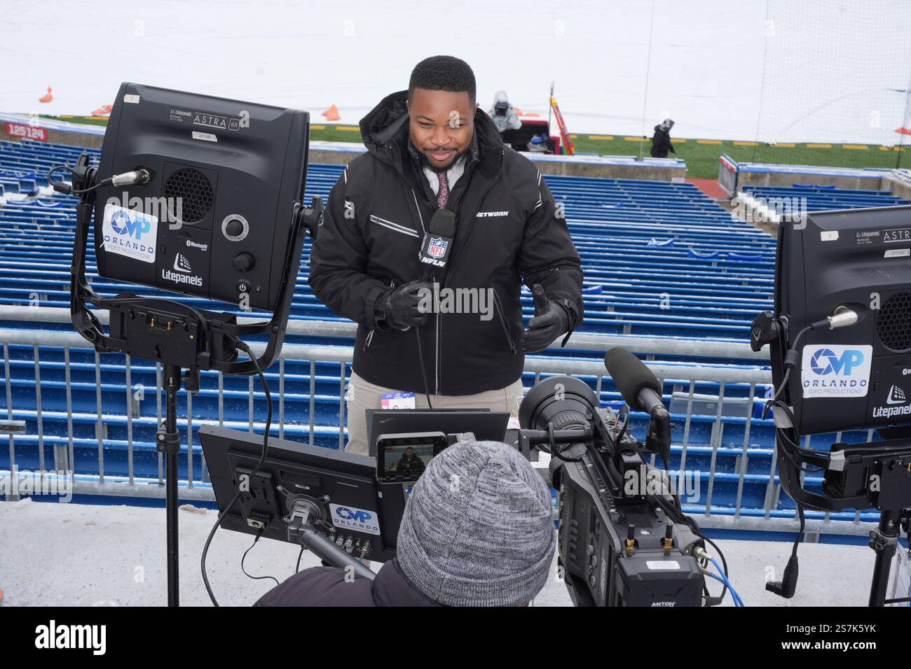 NFL Network reporter Cameron Wolfe reports from the sidelines before an ...