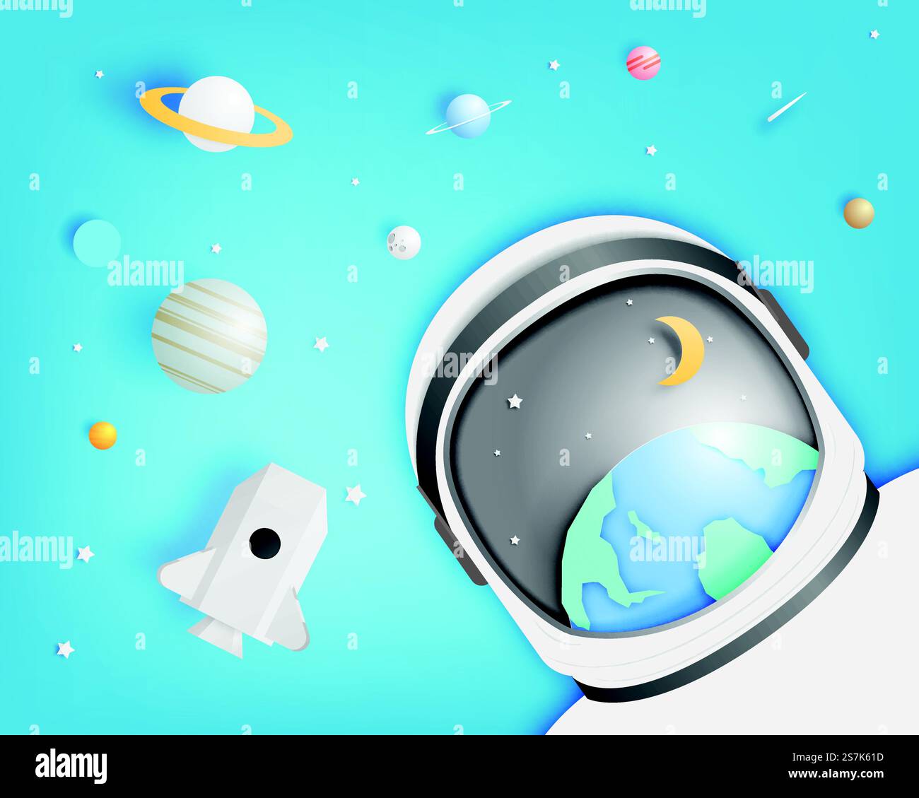 Paper rocket and solar system paper art with pastel tone background ...