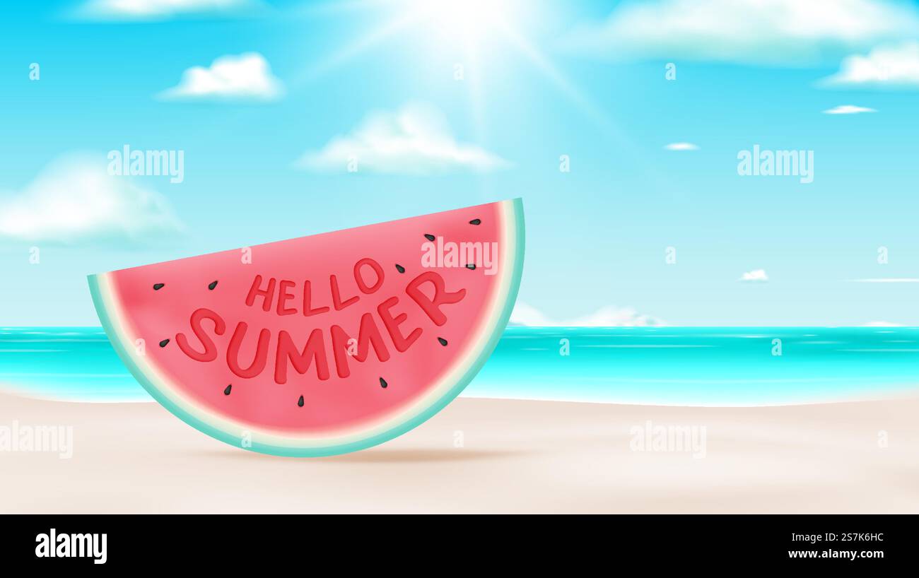 Hello summer with watermelon and beach background in cute 3d art style ...